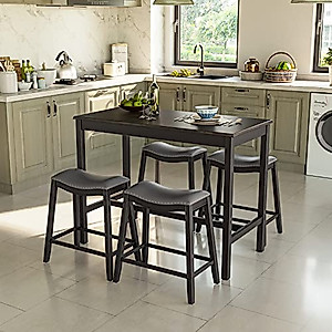 Giantex Dining Table Set for 4, Kitchen Counter Height Table w/ 4 Stools, 5 Piece Bistro Table Set, Rubber Wood Pub Dinette Set w/Upholstered Stools, Space-Saving Table Set for Small Spaces (Black)