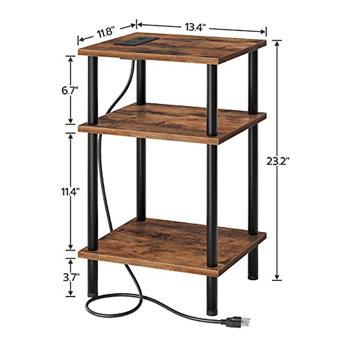 HOOBRO Set of 2 Side Tables with Charging Station and USB Ports, 3-Layer Stackable Nightstand, 23.2 Inches End Table for Small Space in Bedroom, Living Room, Industrial Style, Rustic Brown BF10UBZP201