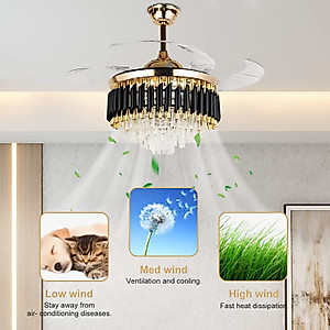 MoreChange 42" Fandalier Ceiling Fans with Lights Retractable Blades Remote Control Modern Chandelier Ceiling Fan 3 Speeds 3 Color Changes Lighting Fixtures, Silent Motor with LED Kits(Gold+Black)