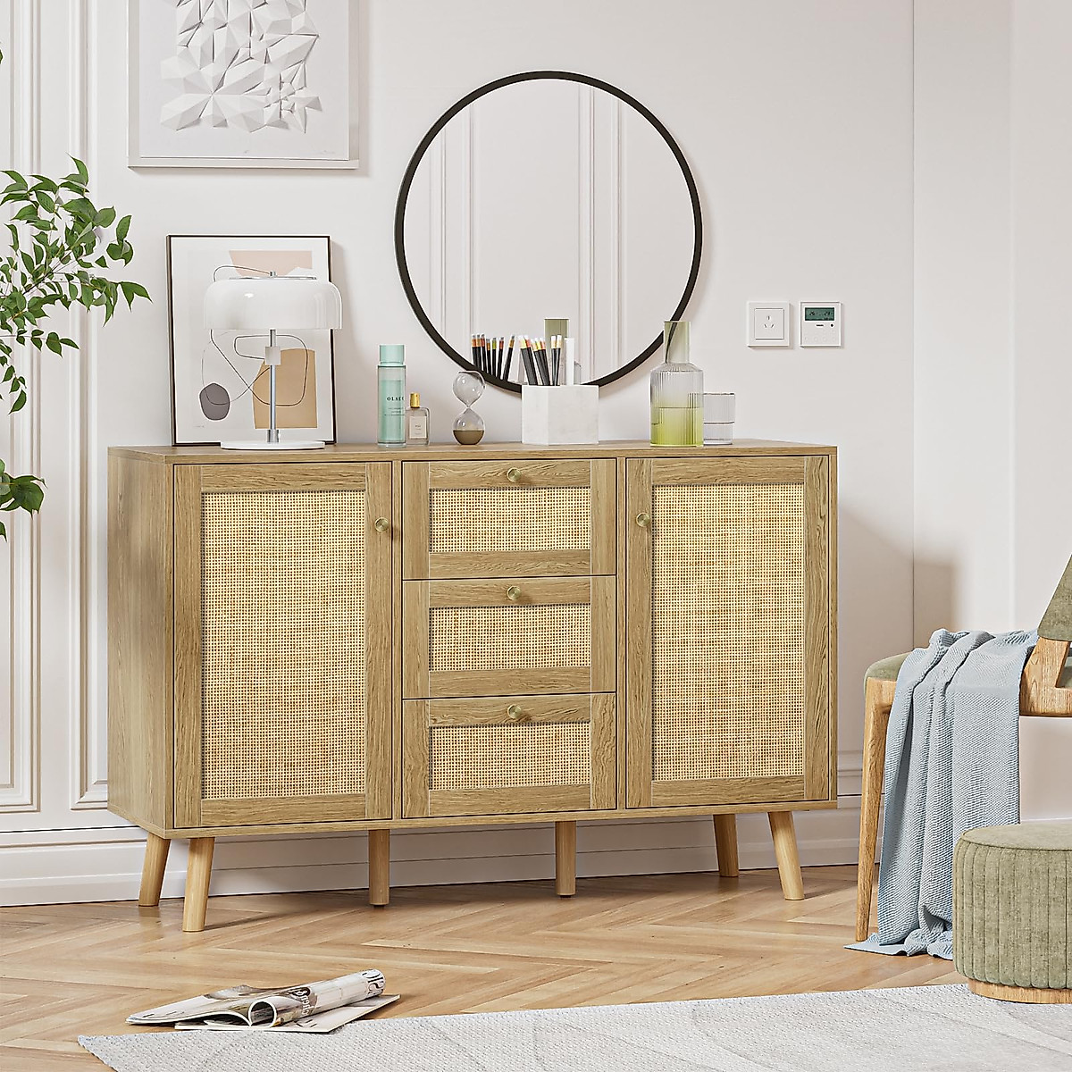 Giluta Sideboard Buffet Cabinet, 3 Drawers Cabinet with 2 Doors Boho Accent Storage Cabinet, Living Room Cupboard Console Table with Adjustable Shelves for Kitchen