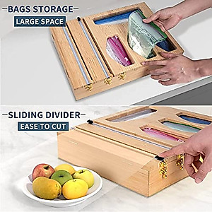 lesolar Foil and Plastic Wrap Organizer,Plastic Wrap Dispenser with Cutter and Ziplock Bag organizer,kitchen drawer organizer,Wall Mounted 6 in 1 Bamboo Ziplock Bag Storage Organizer for Gallon, Quart, Sandwich,Snack,Cling Film,Wax and Aluminum Foil