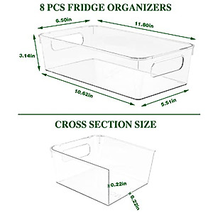8 pack Refrigerator Organizer Bins, Organizer Bins with Handles, Fridge Organizer for Freezers, Kitchen Countertops and Cabinets, Food Grade BPA-free(Clear)