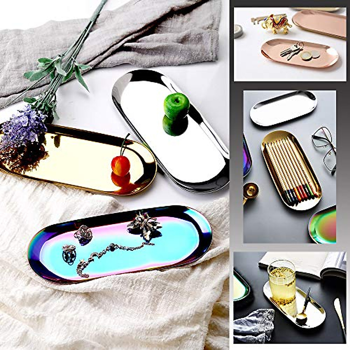 2 Pack 9in Stainless Steel Storage Tray, Premium Metal Organizer Plate to Hold Fruit, Tea, Cosmetics, Jewelry, Oval Stainless Steel Towel Tray for Vanity, Bathroom, Closets (Silver)