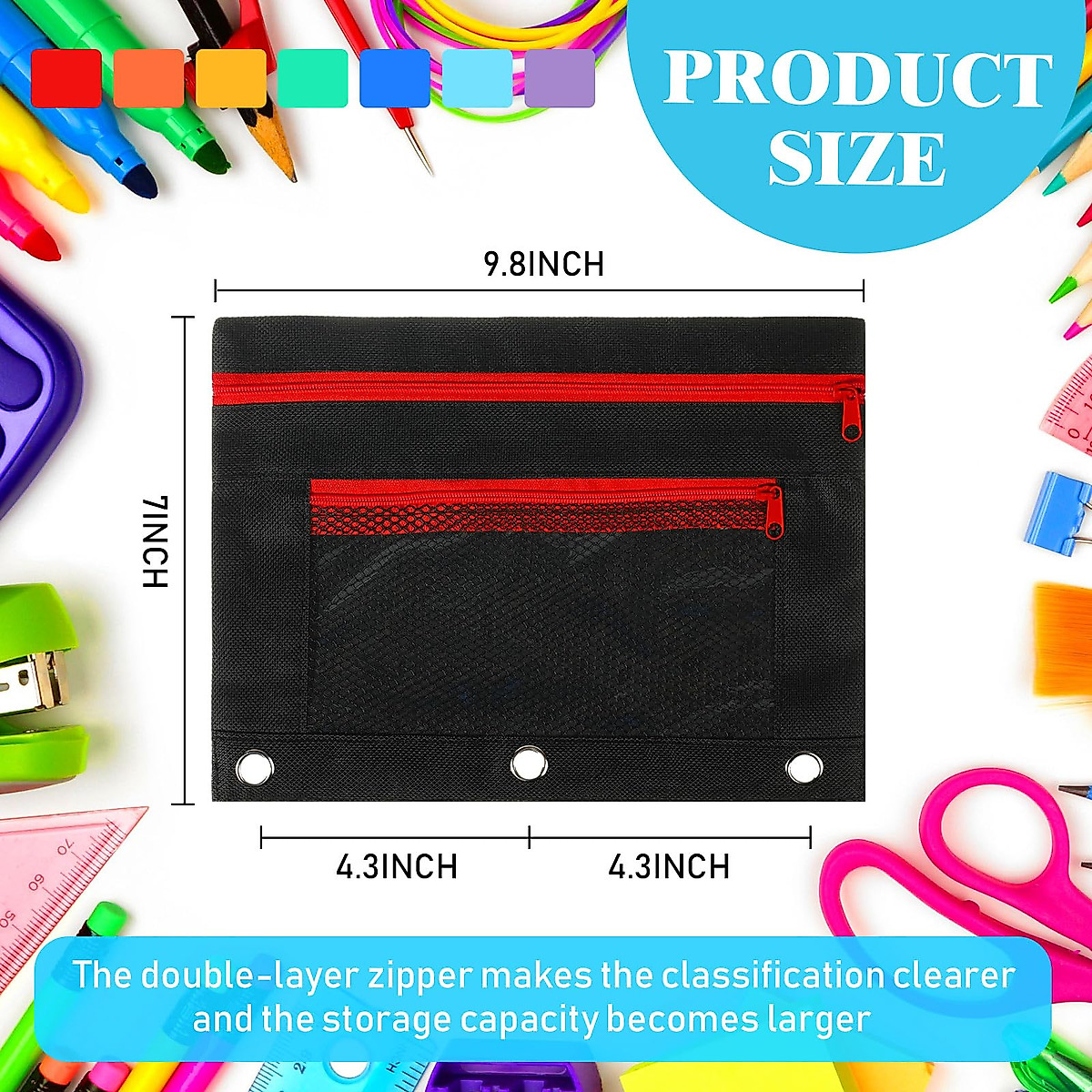 Zhehao 150 Pieces Zipper Binder Pencil Pouches 3 Ring Binder Zipper Pouches Case with Window Ring Pencil Bags Case or Office School Students Supplies(2 Zipper,Black)