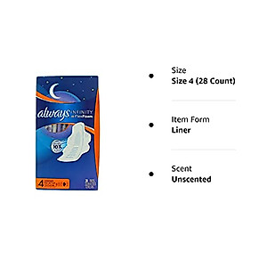 Always Infinity FlexFoam Pads for Women, Size 4, Overnight Absorbency, Unscented, 26 Count