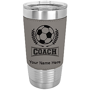 LaserGram 20oz Vacuum Insulated Tumbler Mug, Soccer Coach, Personalized Engraving Included (Faux Leather, Gray)