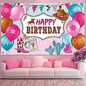 Cowgirl Themed Birthday Party Decorations, Happy Birthday Party Backdrop Pink Horse Birthday Party Supplies Cowboy Birthday Banner Photo Booth Photography Background for Girls