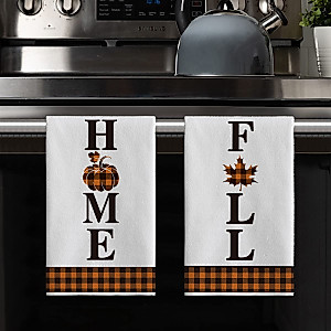 Artoid Mode Buffalo Plaid Edge Fall Leaves Pumpkin Home Kitchen Towels, 18 x 26 Inch Coffee Tea Bar Hand Towels Bathroom Gift Ultra Absorbent Set of 2