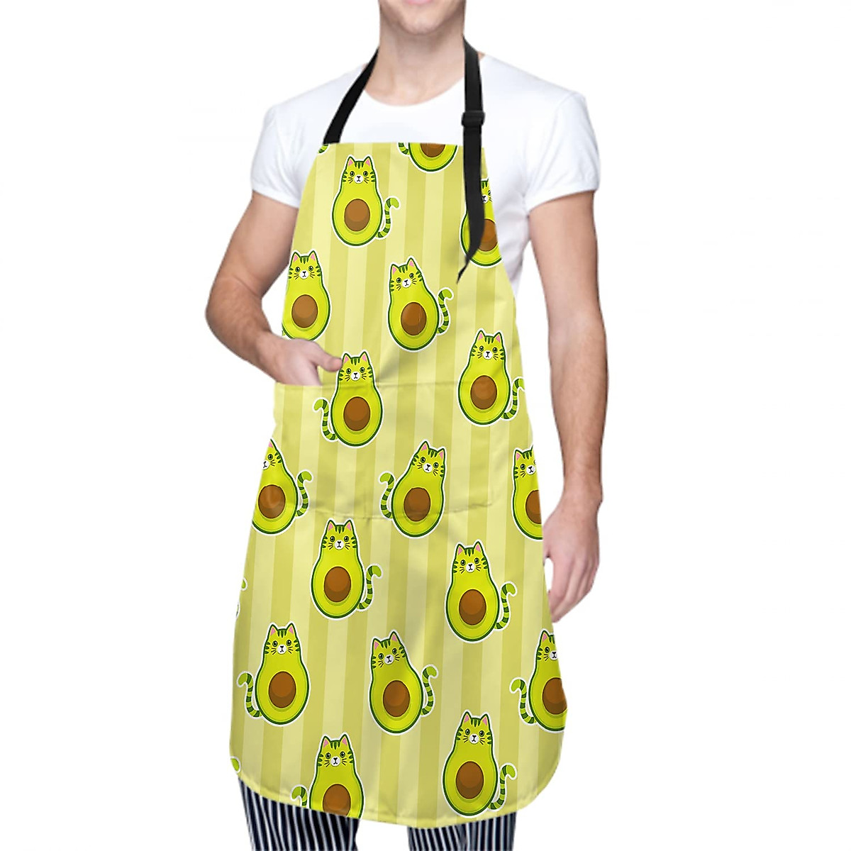 Cute Avocado Cat Aprons Kawaii Animal and Fruit Cooking Kitchen Bib Apron for Women Men with 2 Pockets and Adjustable Neck Strap and Waterproof Stain Resistant Polyester Summer Apron