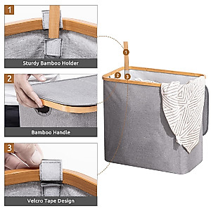 Mindore Laundry Hamper with Lid,60L Collapsible Laundry Basket with Bamboo Handles,Portable Clothes Hamper for Dorm Room, Bathroom, Bedroom,Grey Foldable Hamper for Toys, Closet, Clothing