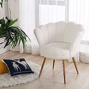 Plush Faux Fur Upholstered Living Room Chair, Comfy Mid-Century Modern Micro Fiber Vanity Chair with Gold Legs, Retro Accent Barrel Dining Chair, White