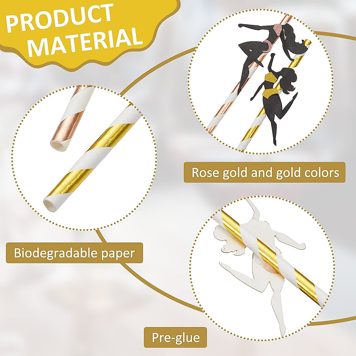 36 Pieces Girls Night Out Party Decorations Glitter Confetti Women Dancing Drinking Straws Female Dancer Pre Glued for Bridal Shower Favors Wedding Supplies (Rose Gold, Gold)