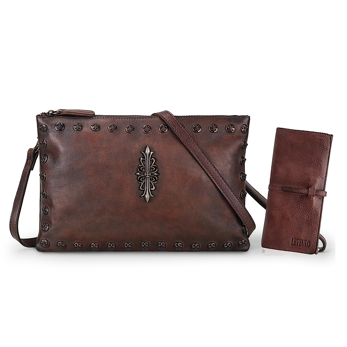 LETEULO Wallets for Women Genuine Leather Card Organizer Dip Dye Coin Purse Ladies Ultrathin Wallets (Coffee) AND Womens Crossbody Bag Vintage Shoulder Bag Leather Clutch Handbags Purse (Coffee, L)