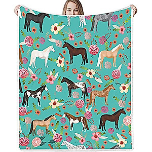 Horse Blanket Various Horse 3D Printing Throw Blanket Super Soft Flower Fleece Blanket Animal Horse Sherpa Blanket Horse Gifts for Girls and Women Sofa Couch Bed and Office (Green, 51 X 59 in)