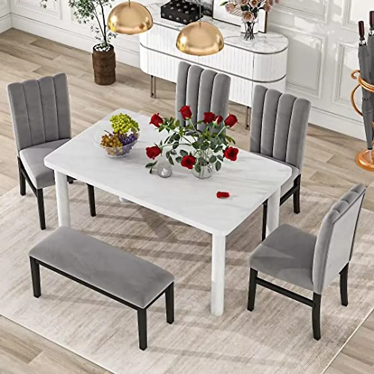Zaboro 6-Piece Dining Table Set for 6 People, Wooden Kitchen Table Set with Marble Veneer Table and 4 Flannelette Upholstered Dining Chairs & Bench, Rustic Style Family Furniture, for Kitchen, Gray
