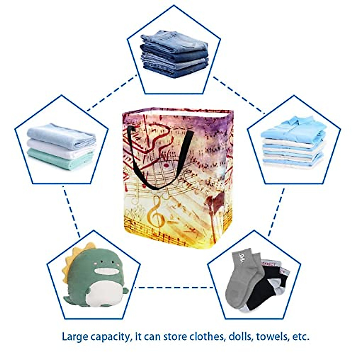 Music Notes Piano Print Collapsible Laundry Hamper, 60L Waterproof Laundry Baskets Washing Bin Clothes Toys Storage for Dorm Bathroom Bedroom