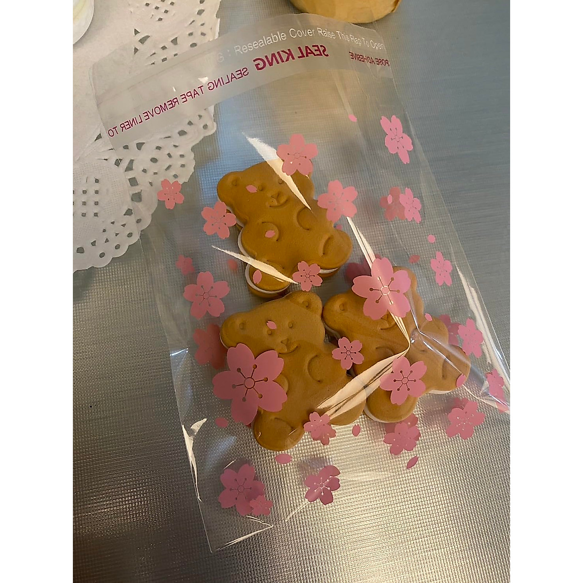 200 Pcs 4" x 4" Clear Bags OPP Plastic Party Bag for Bakery, Candy, Soap, Cookie (Sakura Pink, 4x4)