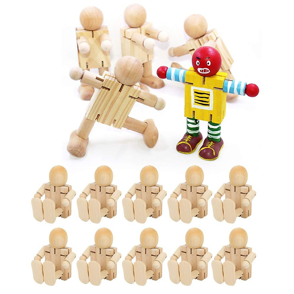 Natudeco 10PCS Toy People Set Unfinished Wood Toys Wooden Craft People Figures Unfinished Wooden Figures Kit Joint Adjustables Robot Paintable Childrens Early Learning Doll Toy Home Decoration