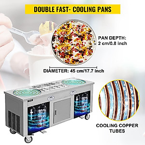 VEVOR Commercial Rolled Ice Cream Machine, 2800W Stir-Fried Ice Cream Roll Maker 2 Pans, Stainless Ice Cream Roll Machine w/Refrigerated Cabinet 10 Boxes, Yogurt Cream Maker for Bar Café Snack Stand