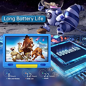 LVILLE Kids Tablet 10" Android 12 Tablet PC 10.1" Display, Quad Core Processor, 2GB+32GB, 6000mAh, Kidoz Pre Installed, Parental Control Tablet for Kids, Wi-Fi, Bluetooth, Kid-Proof Case (Blue)