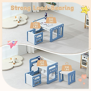 SINKIPA 3 in 1 Montessori Weaning Table and 2 Chairs Set, Kids Table and Chair Set, 2 Height Levels, Toddlers Activity Table for Drawing, Dining, Reading and Playing, Blue