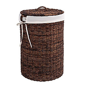 BirdRock Home Abaca Laundry Hamper with Liner - Round Clothes Bin with Lid - Organize Laundry - Cut-Out Handles for Easy Transport - Includes Machine Washable Canvas Liner (Espresso)