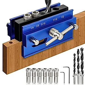 Fragraty Dowel Jig, Self Centering Dowel Jig Kit With 6 Drill Guide Bushings, Adjustable Width Doweling Jig Kit for Straight Holes Woodworking Locator Joints Tools, Blue (D888)