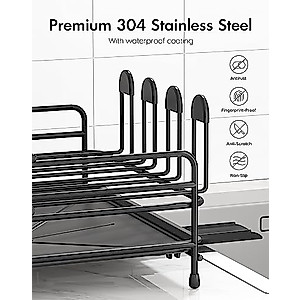 ACMETOP Dish Drying Rack, Expandable 2 Tier Large Dish Rack for Kitchen Counter, Rustproof Dish Dryer Rack with Drainboard, Cutlery & Cup Holders, Dish Drainer for Dishes, Knives, Spoon, Black