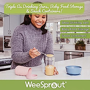 WeeSprout Glass Cups With Lids & Straws, Spill-resistant Cups for Toddlers & Kids, Triple as Toddler Cups, Baby Food Storage & Snack Jars, XL Silicone Straws, Easy-grip Sleeves, Set of four 8 oz jars