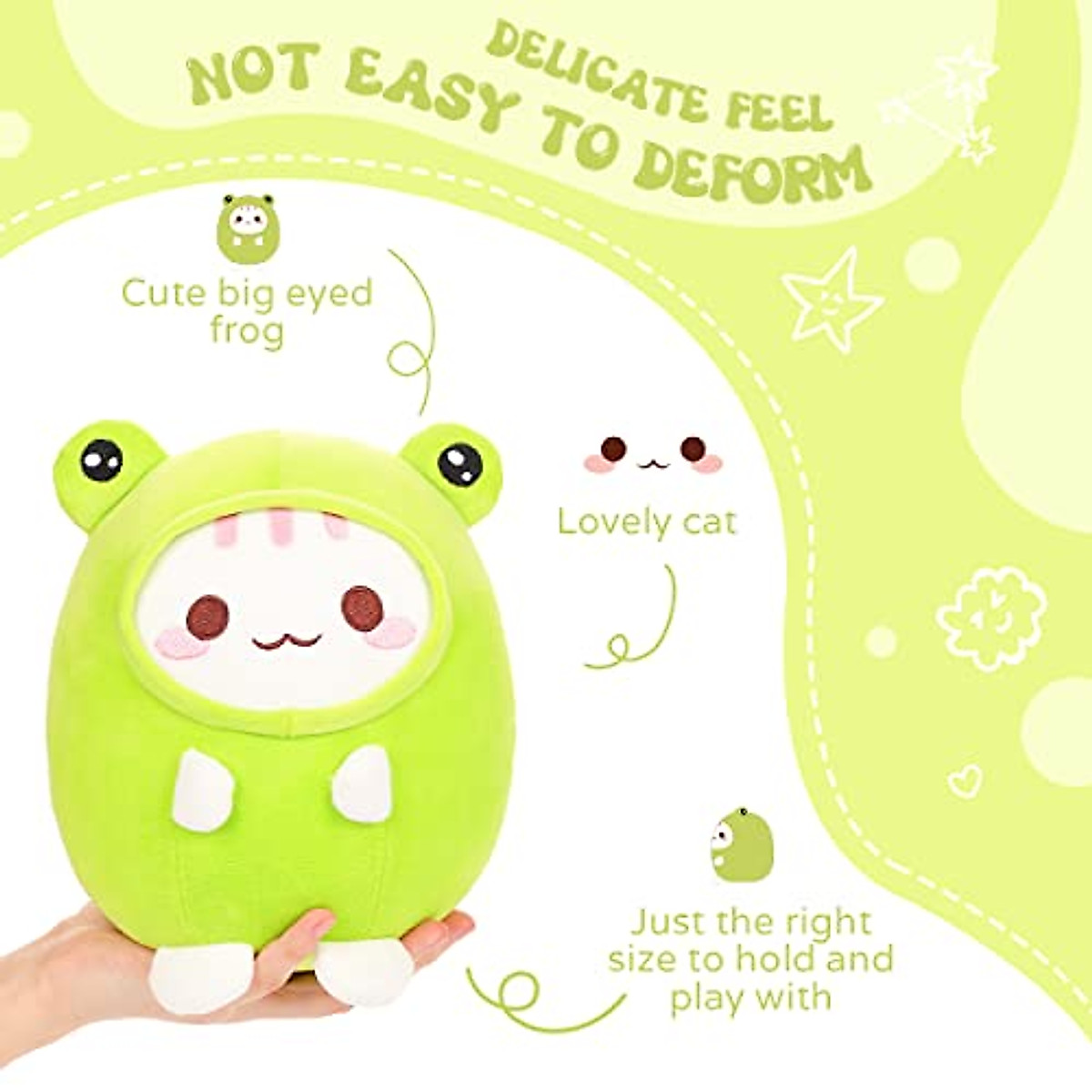 AIXINI Cute Cat Frog Plush Pillow 8" Kitten Frog Stuffed Animal, Soft Kawaii Cat Plushie with Frog Outfit Costume Gift for Kids