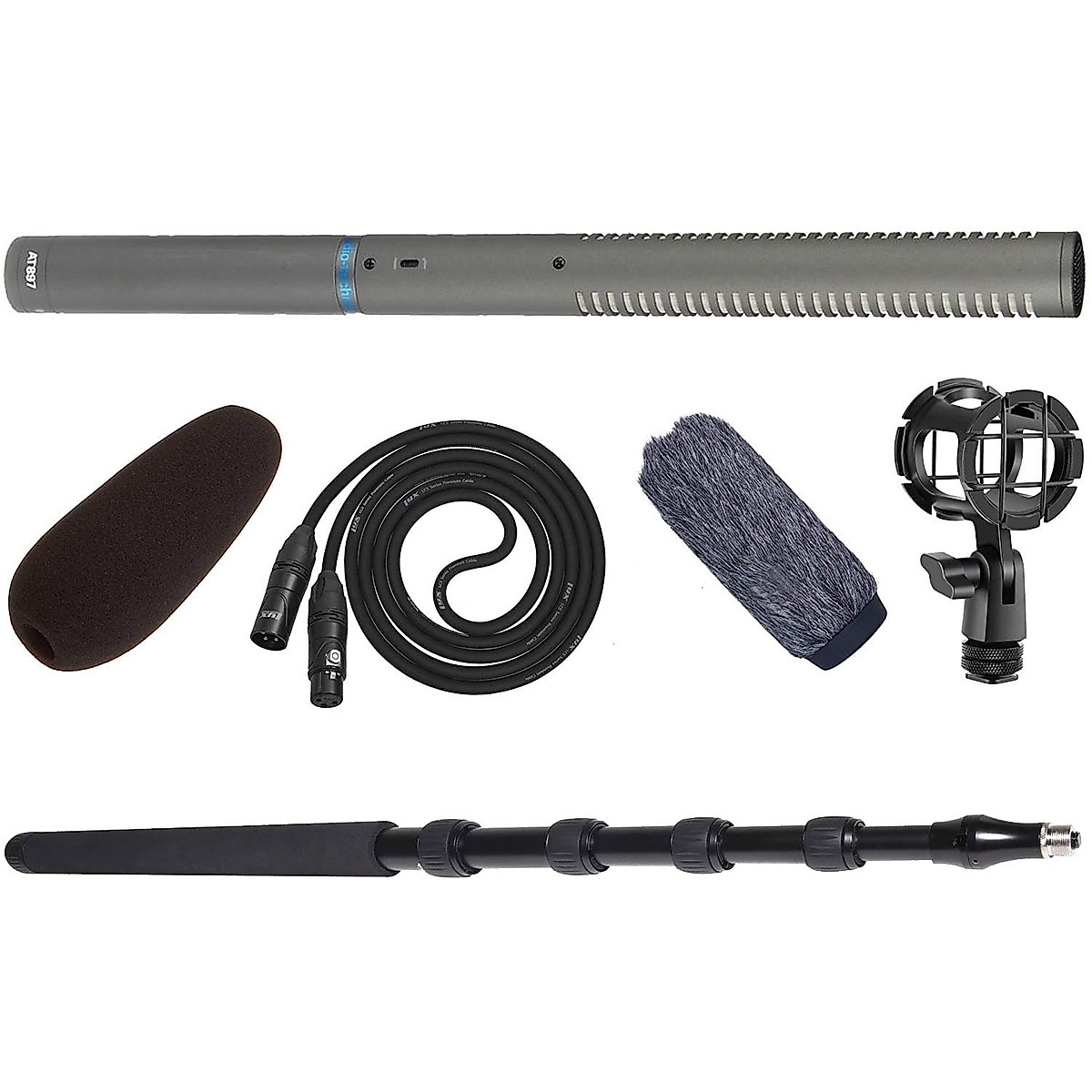 Audio-Technica AT897 Line + Gradient Condenser Microphone Cinema and Broadcasting Shotgun Microphone Complete Kit with LyxPro Boompole, Shockmount, Windscreen Bundle