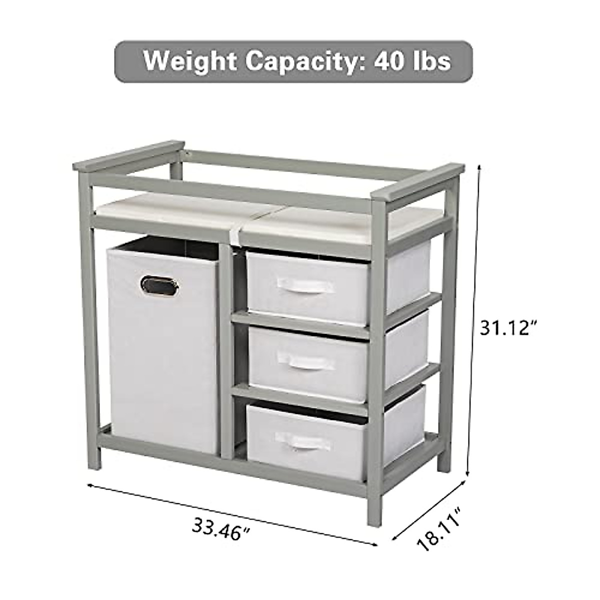 Baby Diaper Changing Station Nursery Table - Infant Diaper Table w/ 3 Storage Cloth Drawers & 1 Laundry Basket and Safety Belts (Gray)