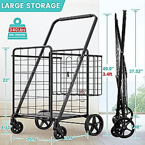 Folding Shopping Cart for Groceries,340 lbs Capacity Grocery Cart with Waterproof Liner and 360° Swiveling Wheels Collapsible Shopping Carts with Double Basket for Condo Laundry Transport Trip