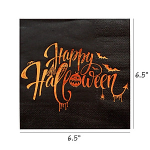 Halloween Party Napkins - 100 Pack Happy Halloween Disposable Black Paper Napkins with Orange Gold Foil - 6.5" x 6.5" for Halloween Decoration and Halloween Party Events