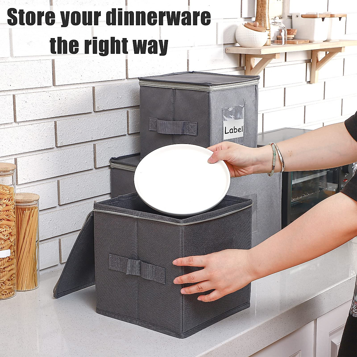 Karenhi 4 Pcs China Storage Containers Hard Shell, China Plate Storage Containers with Lid Stackable Platter box for Dishes Plates, Grey