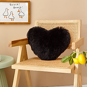 MOOWOO Black Fluffy Heart Pillow, Faux Fur Throw Pillow,Sherpa Plush Fluffy, Cute Soft Throw Cushion, Valentines Day,Thanks Giving Days,Christmas Day Decorative for Home Bed Couch (Black)