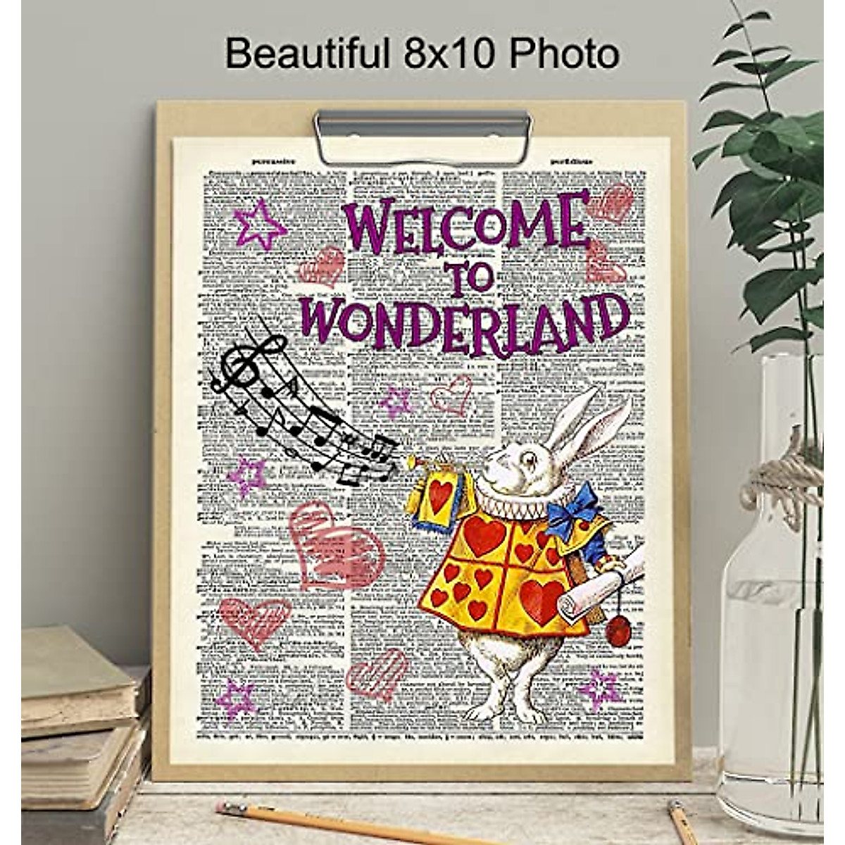 Alice Wonderland Art Print - White Rabbit Upcycled Dictionary Wall Art Poster for Nursery, Kids, Boys, Girls Room - Great Baby Shower Gift - 8x10 Unframed Photo