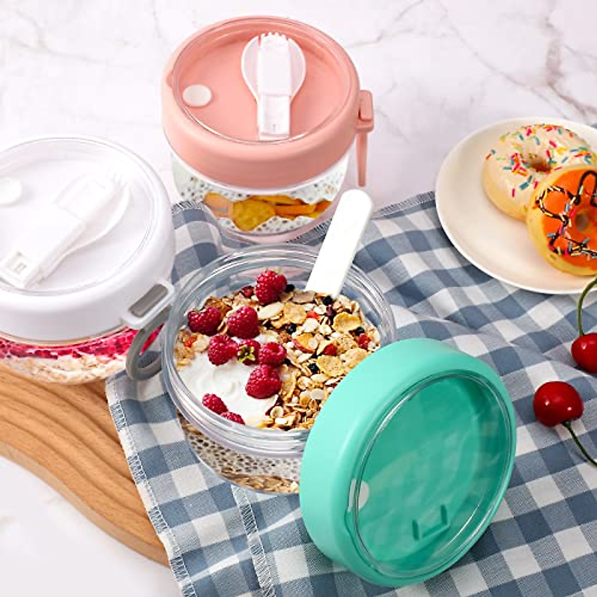 6 Pcs Overnight Oats Containers with Lids and Spoons 20 Oz Plastic Yogurt Leakproof Oatmeal Salad Jars with Lids Smoothie Prep Containers Cups for Food Storage, 3 Colors