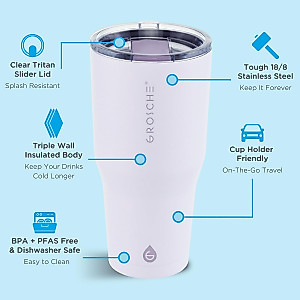 GROSCHE Yukon 30 oz Insulated Coffee Mug with Lid - Durable Travel Mug, Stainless Steel Tumblers, Vacuum Insulated Coffee Tumbler for Hot or Cold Beverages - LAVENDER