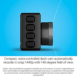 Garmin Dash Cam 57, 1440p, 140-degree FOV, Remotely Monitor Your Vehicle While Away with New Connected Features, Voice Control, Compact and Discreet, Includes Memory Card and Signature Series Cloth