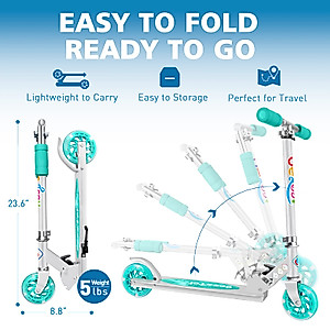 BELEEV V1 Scooters for Kids, 2 Wheel Folding Kick Scooter for Girls Boys, 3 Adjustable Height, Light Up Wheels, Lightweight Push Scooter with Kickstand for Children Ages 3-12 (Aqua)