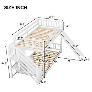 SOFTSEA Twin Over Twin Floor Bunk Bed with Slide and Stairs Wooden Bunk Beds for Kids, No Box Spring Needed(White)