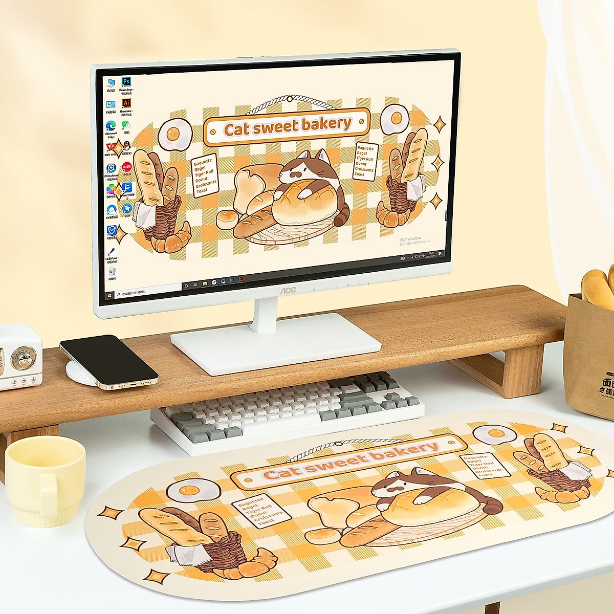 GeekShare Cute Cat Bakery Mouse Pad - Large Non-Slip Base PU Desk Mat for Keyboard and Mouse, Perfect for Gaming, Writing, or Home Office Work