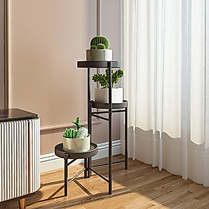 iDavosic.ly 3 Tiers Corner Plant Stand for Indoor Outdoor, Foldable Small Tiered Plants Holder Display Rack with 3 Trays, Flower Pot Tall Shelf for Living Room Balcony Garden Patio (Round, Black)