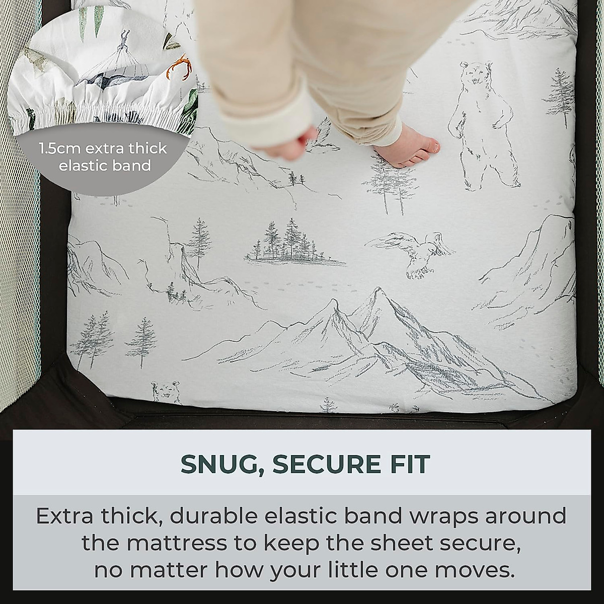 Pobibaby - 2 Pack Premium Pack N Play Sheets Fitted for Standard Pack and Plays and Mini Cribs - Ultra-Soft Cotton Blend, Stylish Woodland Pattern, Safe and Snug for Baby (Explore)