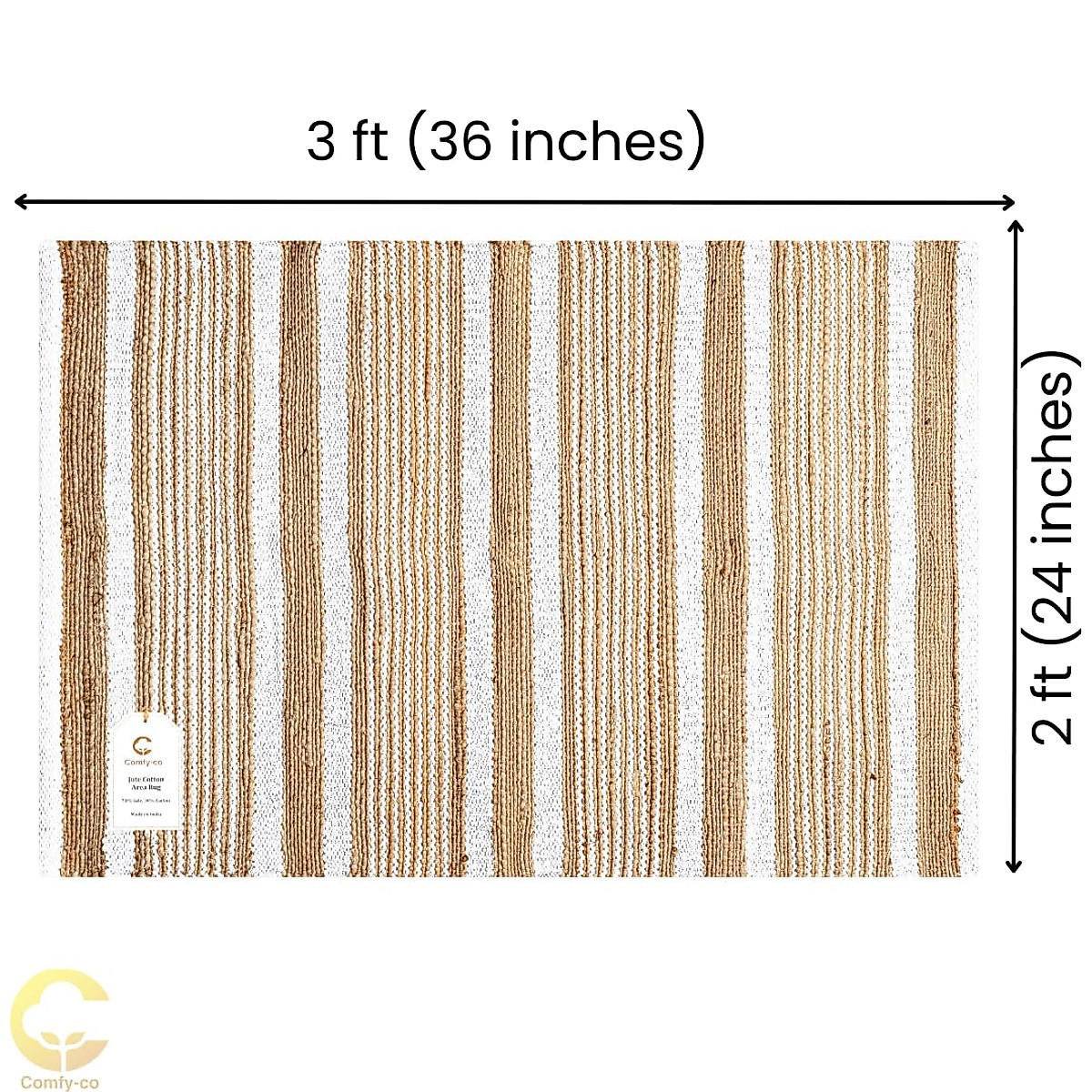 Comfy-co Area Rug 2x3 ft - Hand-woven Jute Cotton Area Rug Boho Farmhouse Rustic - Non Slip Floor Rug for Bedroom Living Room Kitchen Dorm Entryway Hallway - Area Rug Natural/White