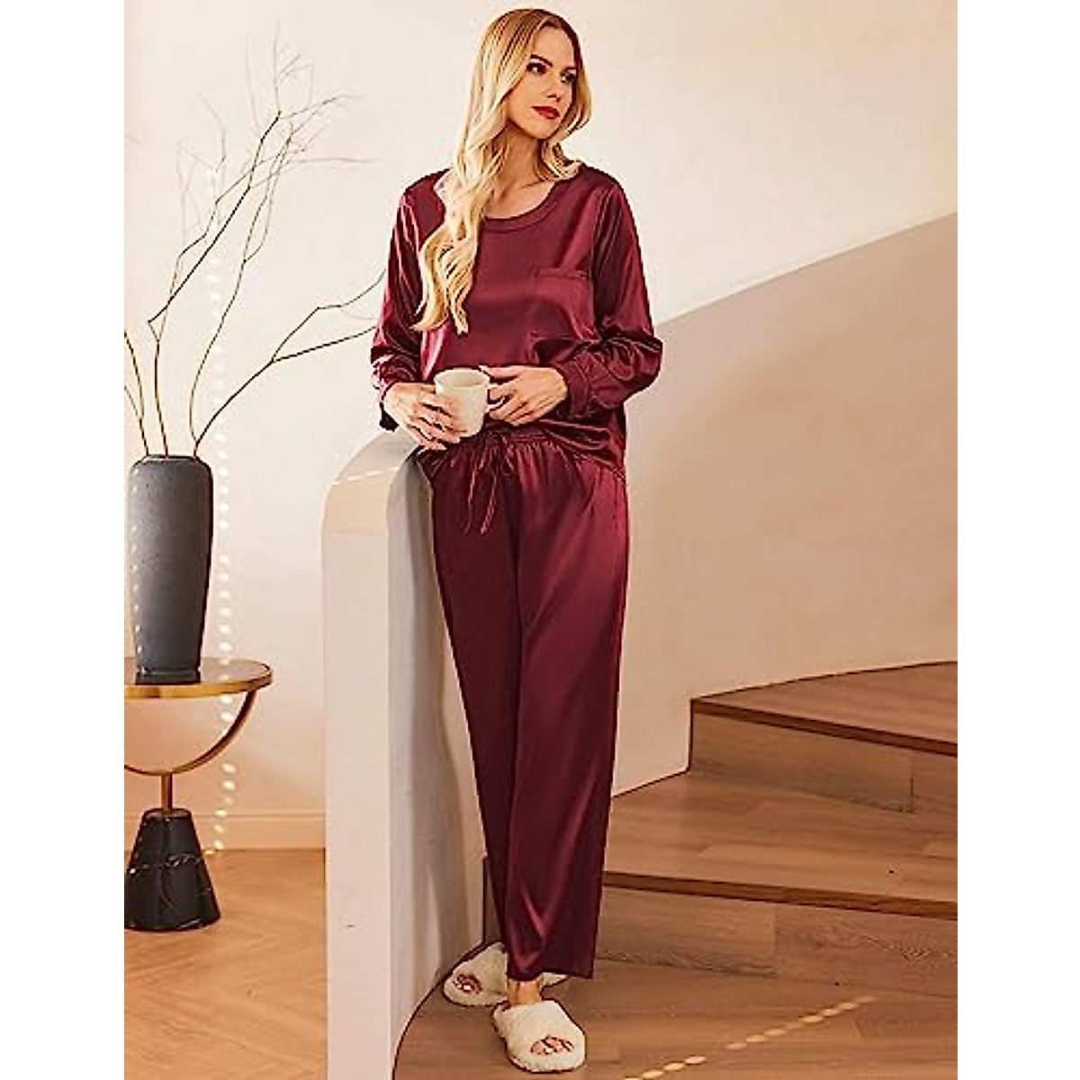 Ekouaer Womens Silk Satin Pajamas Loungewear Two Piece Sleep Set Silk Pjs for Women Winter Long Sleeve Sleepwear Pajamas Set Red S