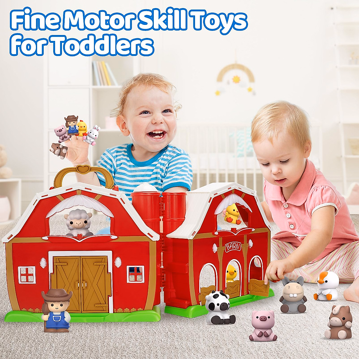 Aigybobo Farm Animals Big Barn Toys for 1 2 3 Year Old, Toddler Montessori Learning Toy, Farm Playset with Animal Figures and DIY Stickers, Christmas Birthday Gift for Baby Boys Girls Age 12-18 Months