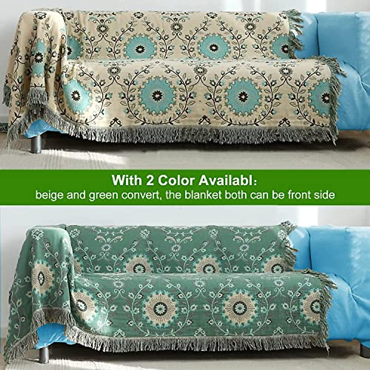 Skrmisda Bohemian Throw Blanket, Boho Blankets 90x98 Inch King Cotton Reversible Ultra Soft Light Quilt Comfy Cozy Bedding Coverlet Sofa Throw(Green+Beige)