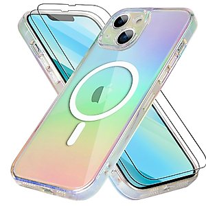 Bonoma for iPhone 13 Case Magnetic 【Support for MagSafe】 Bling Laser Florescent Iridescent Crystal Luxury Case Camera Protector + 2* Screen Protector Shockproof Edge Cover Case -Clear